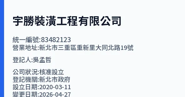 宇勝裝潢工程有限公司的照片-統編 83482123(新北市) 公司登記資料與營業項目詳細圖表