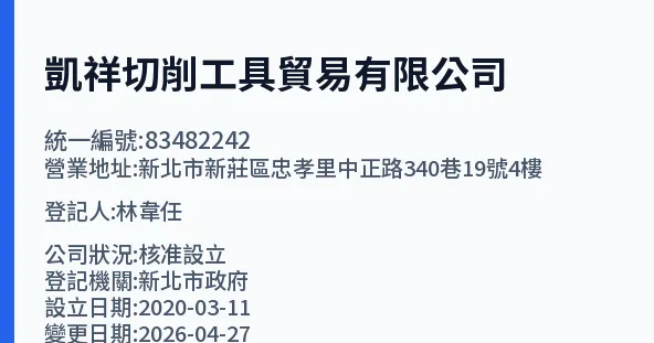 凱祥切削工具貿易有限公司的照片-統編 83482242(新北市) 公司登記資料與營業項目詳細圖表