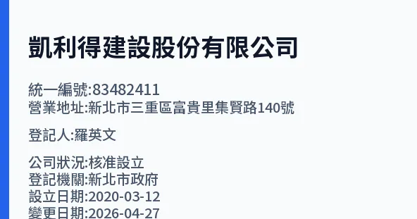 凱利得建設股份有限公司的照片-統編 83482411(新北市) 公司登記資料與營業項目詳細圖表