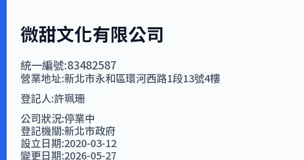 微甜文化有限公司的照片-統編 83482587(新北市) 公司登記資料與營業項目詳細圖表
