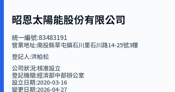 昭恩太陽能股份有限公司的照片-統編 83483191(南投縣) 公司登記資料與營業項目詳細圖表