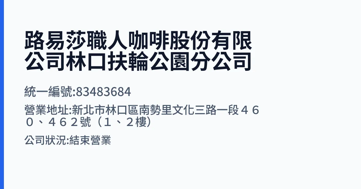 路易莎職人咖啡股份有限公司林口扶輪公園分公司 - 統編 83483684(新北市) 公司登記資料與營業項目詳細圖表