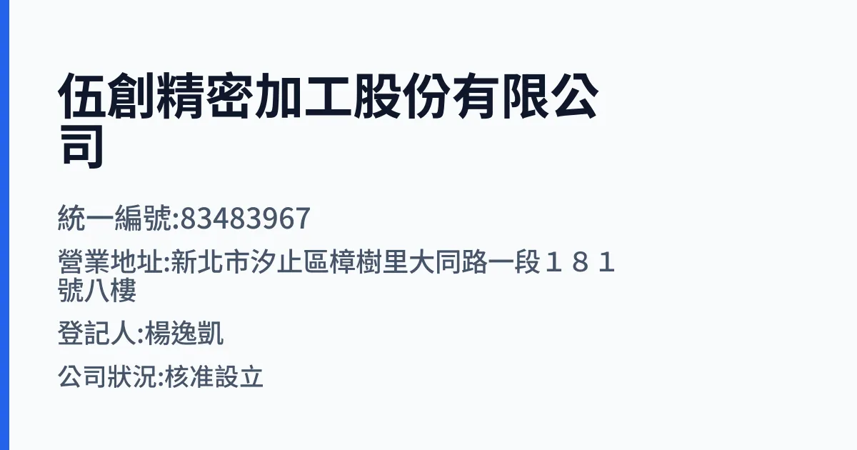 伍創精密加工股份有限公司 - 統編 83483967(新北市) 公司登記資料與營業項目詳細圖表