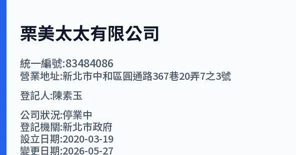 栗美太太有限公司的照片-統編 83484086(新北市) 公司登記資料與營業項目詳細圖表
