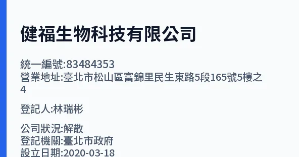 健福生物科技有限公司的照片-統編 83484353(臺北市) 公司登記資料與營業項目詳細圖表