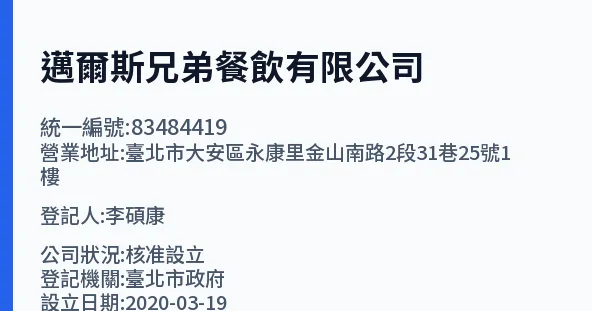 邁爾斯兄弟餐飲有限公司的照片-統編 83484419(臺北市) 公司登記資料與營業項目詳細圖表