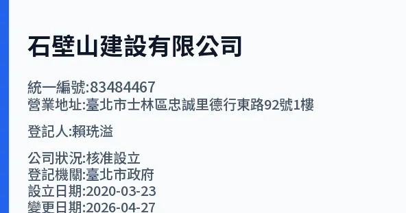 石壁山建設有限公司的照片-統編 83484467(臺北市) 公司登記資料與營業項目詳細圖表