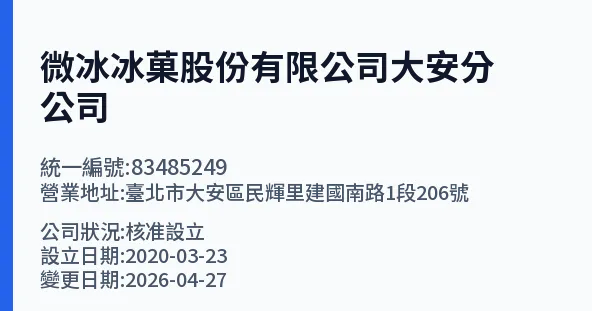 微冰冰菓股份有限公司大安分公司的照片-統編 83485249(臺北市) 公司登記資料與營業項目詳細圖表
