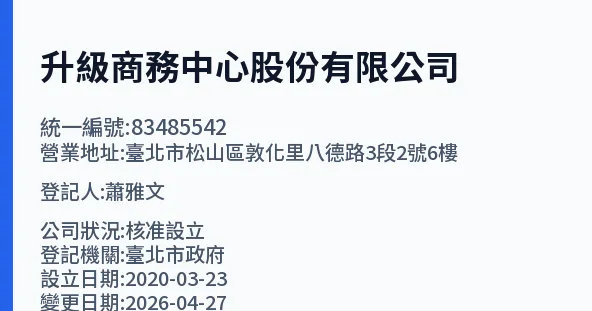 升級商務中心股份有限公司的照片-統編 83485542(臺北市) 公司登記資料與營業項目詳細圖表