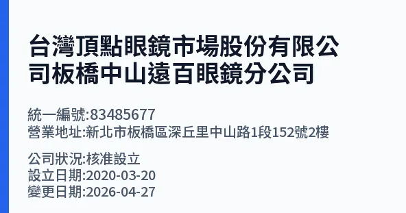 台灣頂點眼鏡市場股份有限公司板橋中山遠百眼鏡分公司的照片-統編 83485677(新北市) 公司登記資料與營業項目詳細圖表