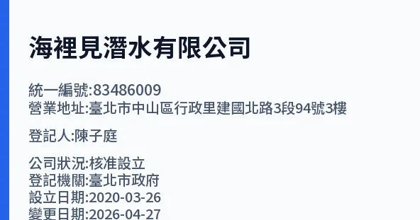 海裡見潛水有限公司的照片-統編 83486009(臺北市) 公司登記資料與營業項目詳細圖表