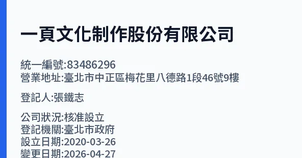 一頁文化制作股份有限公司的照片-統編 83486296(臺北市) 公司登記資料與營業項目詳細圖表