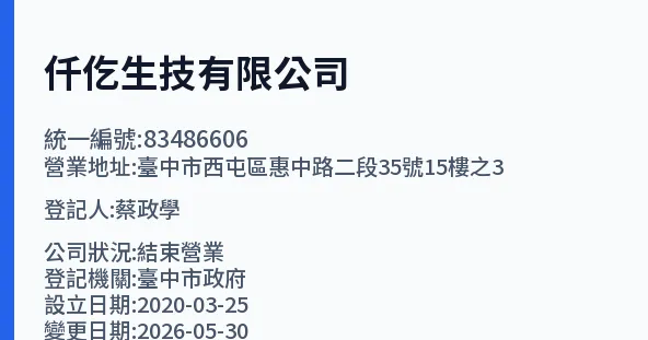 仟仡生技有限公司的照片-統編 83486606(臺中市) 公司登記資料與營業項目詳細圖表