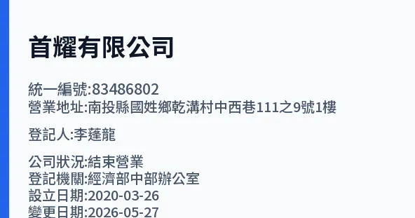 首耀有限公司的照片-統編 83486802(南投縣) 公司登記資料與營業項目詳細圖表