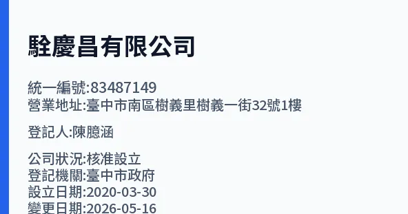 駩慶昌有限公司的照片-統編 83487149(臺中市) 公司登記資料與營業項目詳細圖表