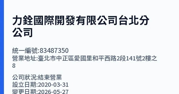 力銓國際開發有限公司台北分公司的照片-統編 83487350(臺北市) 公司登記資料與營業項目詳細圖表