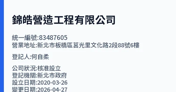 錦皓營造工程有限公司的照片-統編 83487605(新北市) 公司登記資料與營業項目詳細圖表