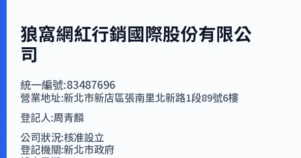 狼窩網紅行銷國際股份有限公司的照片-統編 83487696(新北市) 公司登記資料與營業項目詳細圖表