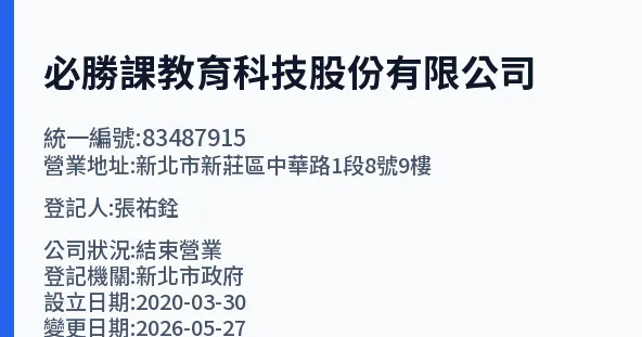 必勝課教育科技股份有限公司的照片-統編 83487915(新北市) 公司登記資料與營業項目詳細圖表