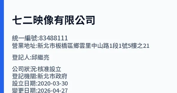 七二映像有限公司的照片-統編 83488111(新北市) 公司登記資料與營業項目詳細圖表