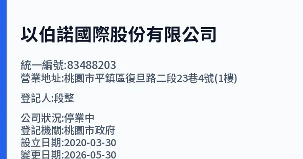 以伯諾國際股份有限公司的照片-統編 83488203(桃園市) 公司登記資料與營業項目詳細圖表