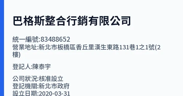 巴格斯整合行銷有限公司的照片-統編 83488652(新北市) 公司登記資料與營業項目詳細圖表