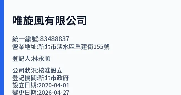 唯旋風有限公司的照片-統編 83488837(新北市) 公司登記資料與營業項目詳細圖表