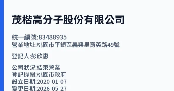茂楷高分子股份有限公司的照片-統編 83488935(桃園市) 公司登記資料與營業項目詳細圖表