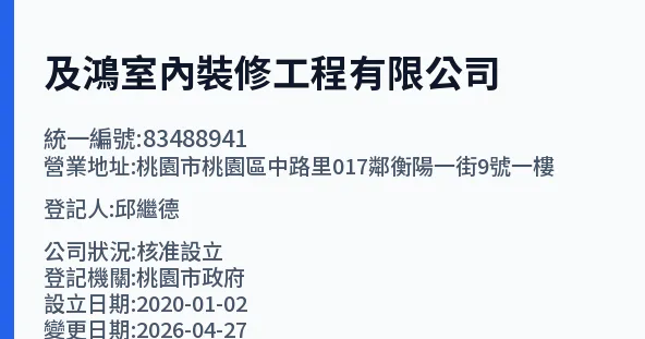 及鴻室內裝修工程有限公司的照片-統編 83488941(桃園市) 公司登記資料與營業項目詳細圖表