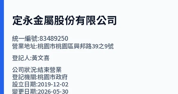 定永金屬股份有限公司的照片-統編 83489250(桃園市) 公司登記資料與營業項目詳細圖表