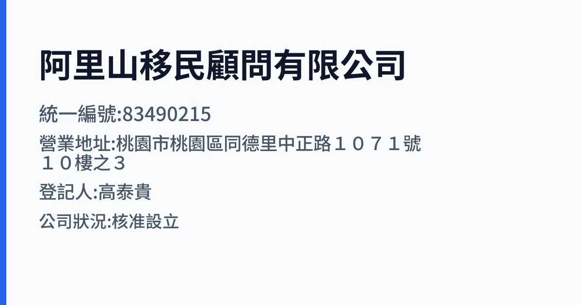 阿里山移民顧問有限公司 - 統編 83490215(桃園市) 公司登記資料與營業項目詳細圖表