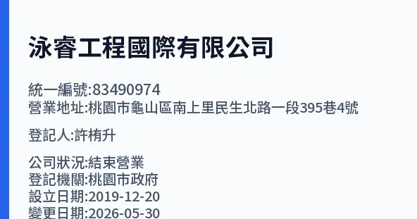 泳睿工程國際有限公司的照片-統編 83490974(桃園市) 公司登記資料與營業項目詳細圖表