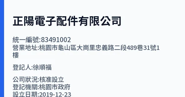 正陽電子配件有限公司的照片-統編 83491002(桃園市) 公司登記資料與營業項目詳細圖表