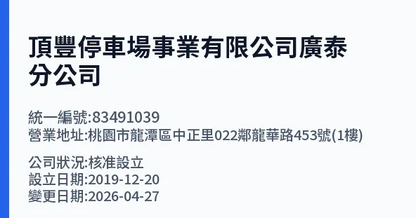 頂豐停車場事業有限公司廣泰分公司的照片-統編 83491039(桃園市) 公司登記資料與營業項目詳細圖表