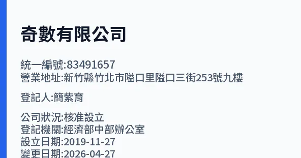 奇數有限公司的照片-統編 83491657(新竹縣) 公司登記資料與營業項目詳細圖表