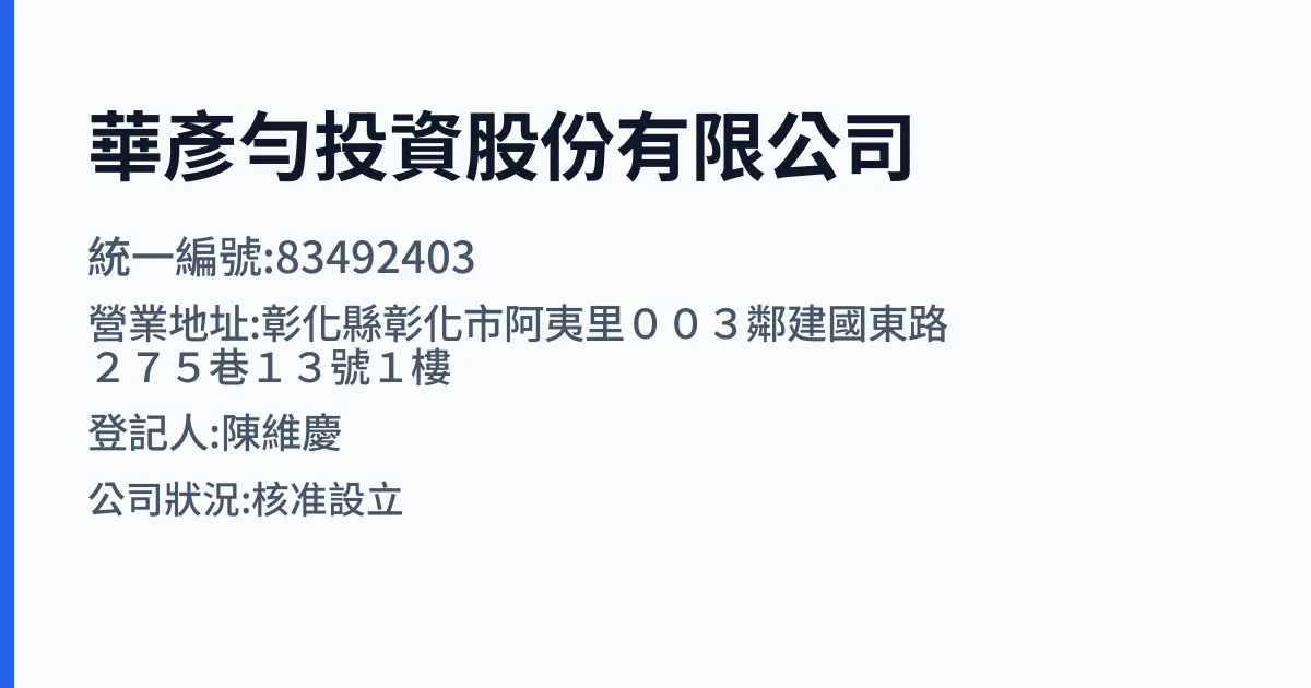 華彥勻投資股份有限公司 - 統編 83492403(彰化縣) 公司登記資料與營業項目詳細圖表