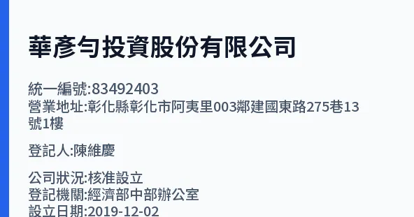 華彥勻投資股份有限公司的照片-統編 83492403(彰化縣) 公司登記資料與營業項目詳細圖表