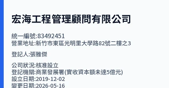 宏海工程管理顧問有限公司的照片-統編 83492451(新竹市) 公司登記資料與營業項目詳細圖表