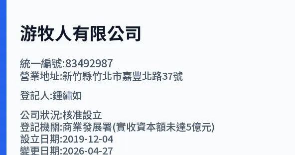 游牧人有限公司的照片-統編 83492987(新竹縣) 公司登記資料與營業項目詳細圖表