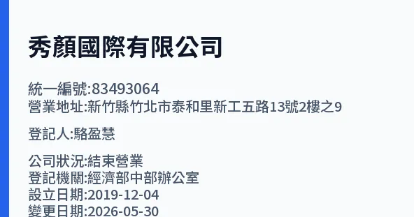 秀顏國際有限公司的照片-統編 83493064(新竹縣) 公司登記資料與營業項目詳細圖表