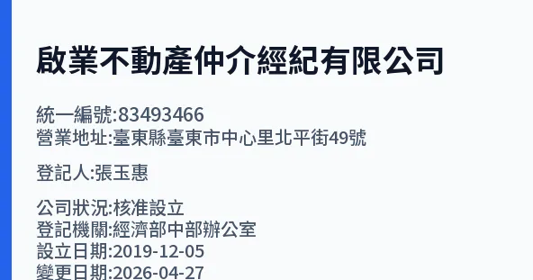 啟業不動產仲介經紀有限公司的照片-統編 83493466(臺東縣) 公司登記資料與營業項目詳細圖表