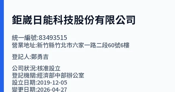 鉅崴日能科技股份有限公司的照片-統編 83493515(新竹縣) 公司登記資料與營業項目詳細圖表
