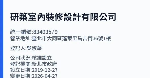 研築室內裝修設計有限公司的照片-統編 83493579(臺北市) 公司登記資料與營業項目詳細圖表