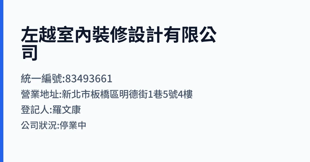 左越室內裝修設計有限公司 - 統編 83493661(新北市) 公司登記資料與營業項目詳細圖表