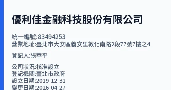 優利佳金融科技股份有限公司的照片-統編 83494253(臺北市) 公司登記資料與營業項目詳細圖表