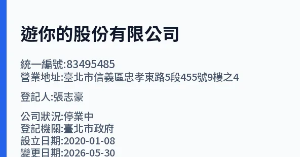遊你的股份有限公司的照片-統編 83495485(臺北市) 公司登記資料與營業項目詳細圖表