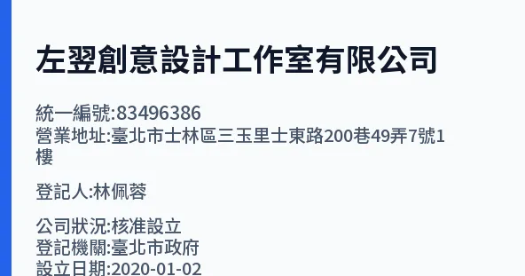 左翌創意設計工作室有限公司的照片-統編 83496386(臺北市) 公司登記資料與營業項目詳細圖表