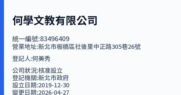 何學文教有限公司的照片-統編 83496409(新北市) 公司登記資料與營業項目詳細圖表