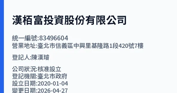 漢栢富投資股份有限公司的照片-統編 83496604(臺北市) 公司登記資料與營業項目詳細圖表