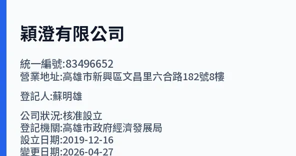 穎澄有限公司的照片-統編 83496652(高雄市) 公司登記資料與營業項目詳細圖表
